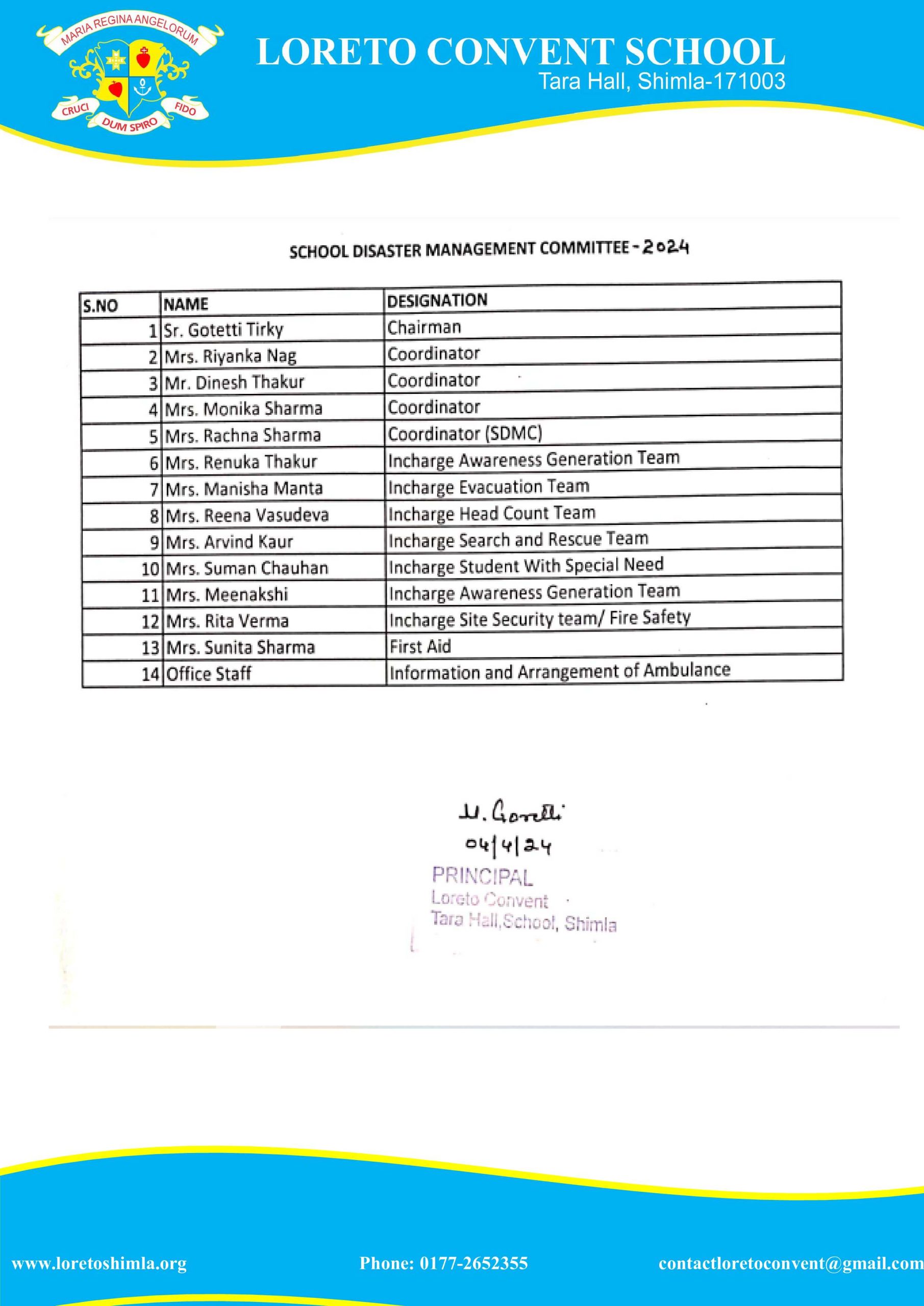 Disaster Management Committee – Loreto Convent ,Shimla